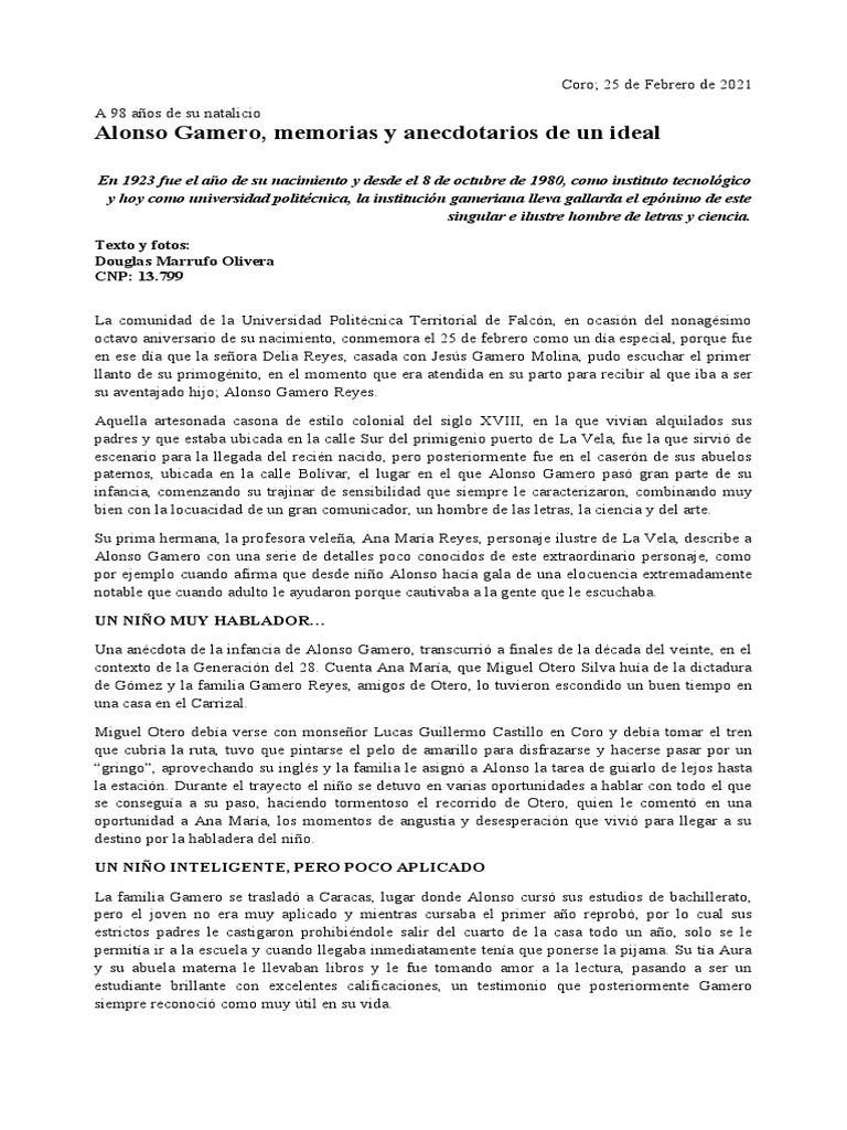 Reportaje Alonso Gamero. Impreso | PDF | Venezuela | Poesía