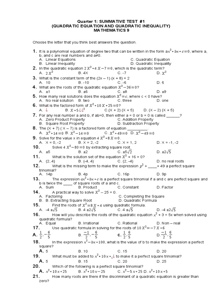 Quadratic Equations Test for Grade 9 | PDF | Quadratic Equation | Equations
