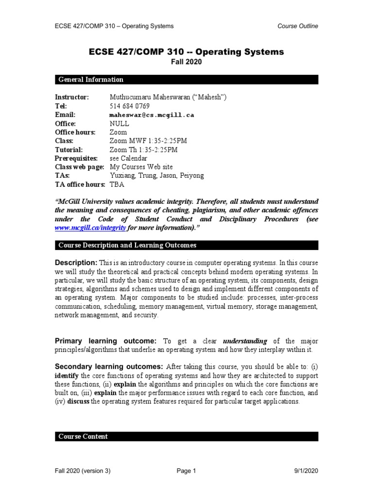 ECSE 427/COMP 310 - Operating Systems: General Information | PDF | Scheduling (Computing ...