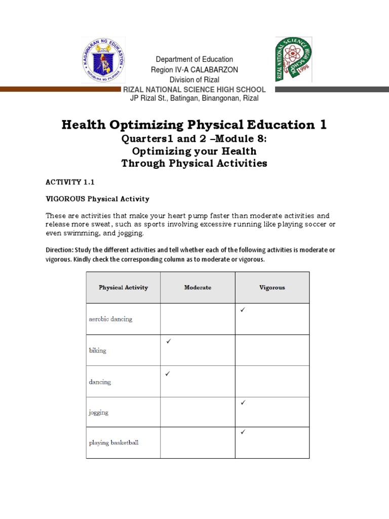 HOPE Module 8 - ACTIVITY - Optimizing Your Health Through Physical ...