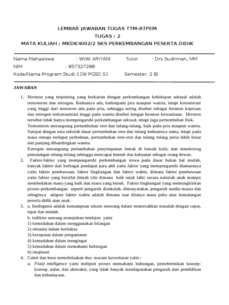LEMBAR JAWABAN TUGAS 2 TTM Permbangan Peserta Didik (Wiwi Ariyani) | PDF