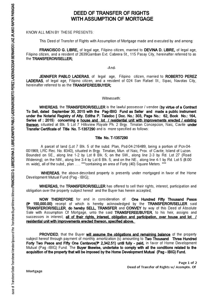 Deed of Transfer of Rights With Assumption of Mortgage | PDF | Land Law ...