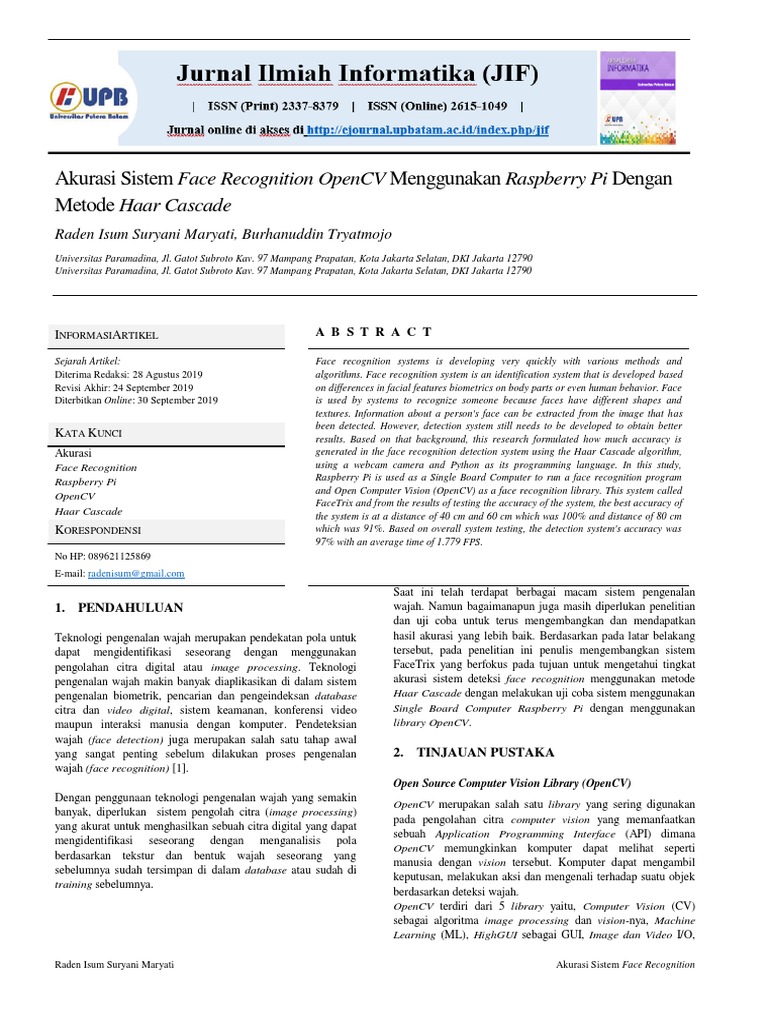 Akurasi Sistem Face Recognition Opencv Menggunakan Raspberry Pi Dengan Metode Haar Cascade | PDF ...