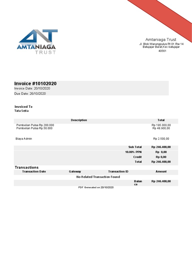 Invoice #10102020: Amtaniaga Trust | PDF