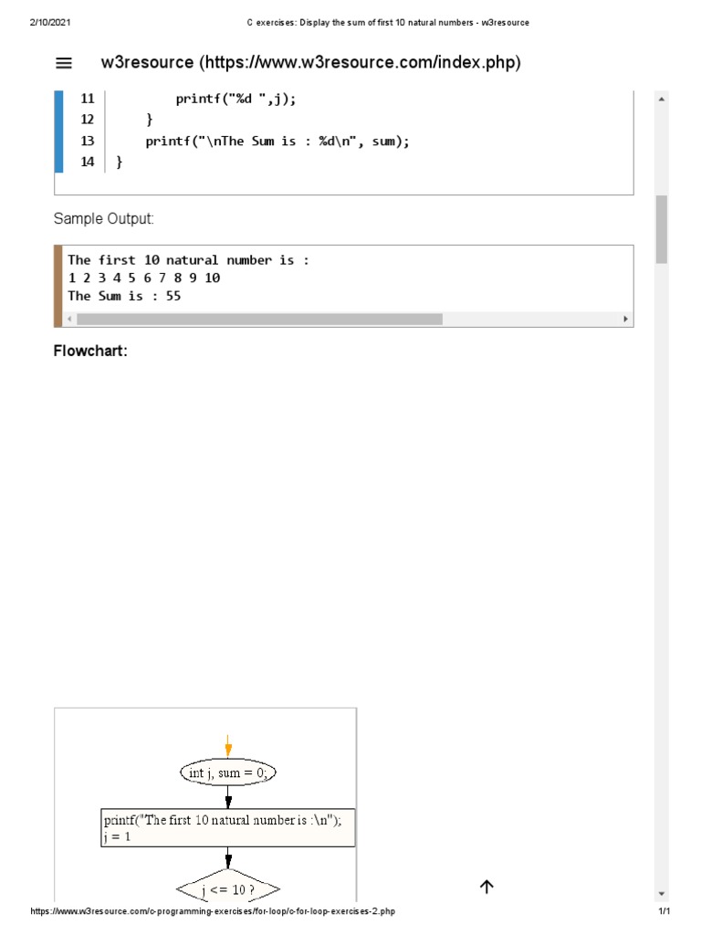 C Exercises - Display The Sum of First 10 Natural Numbers - W3resource | PDF