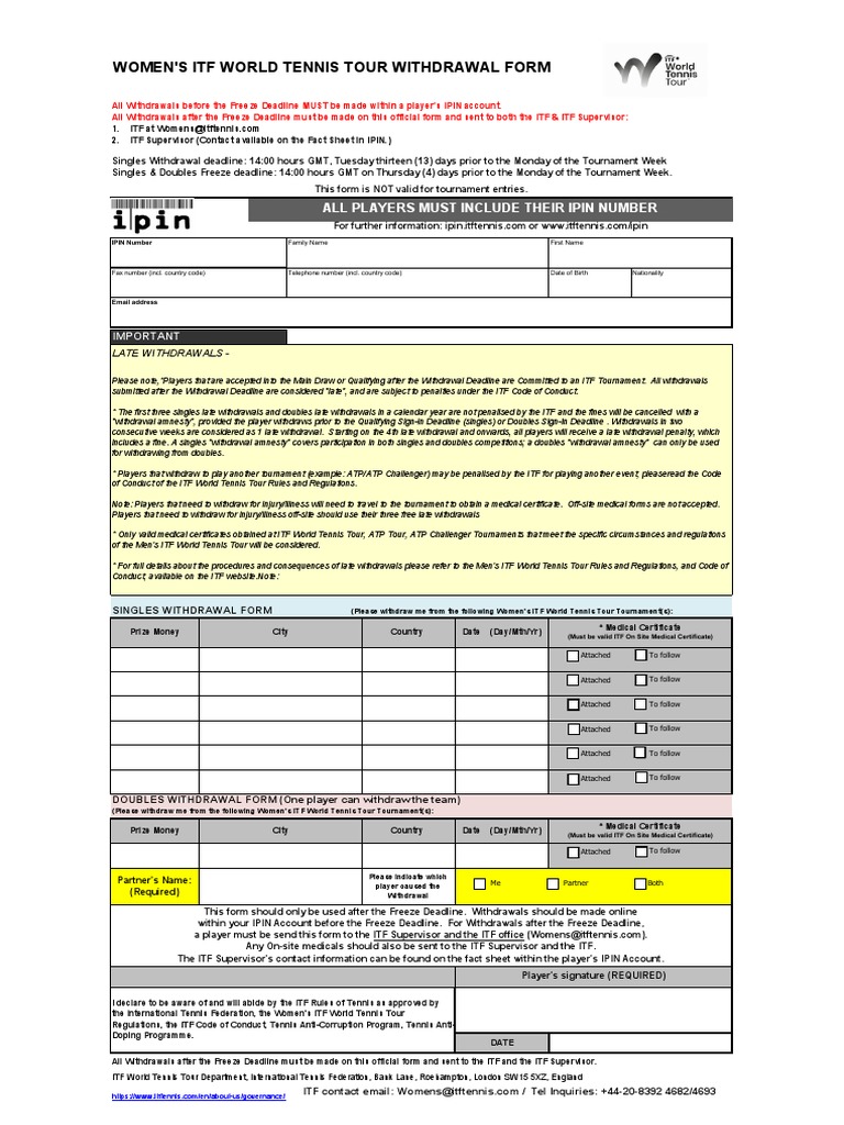 Itf World Tennis Tour Withdrawal Form v3 Women | PDF | Sports | Racquet ...
