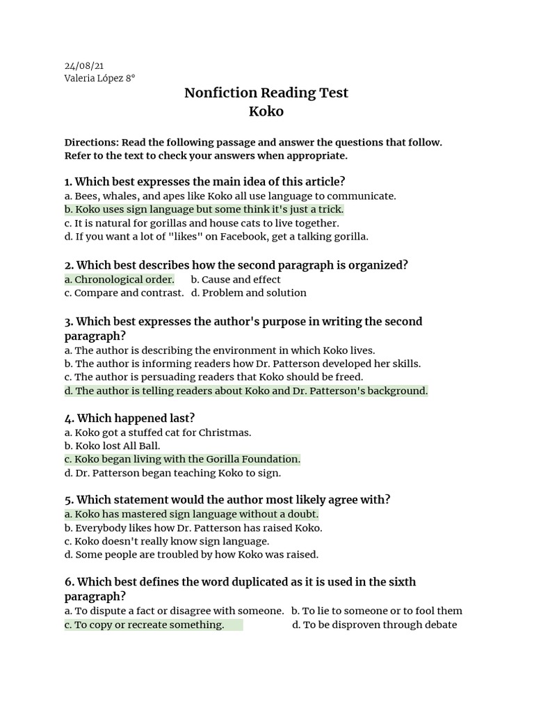 Reading Exercise Koko - Answers WORKSHEET | PDF | Cognition | Communication