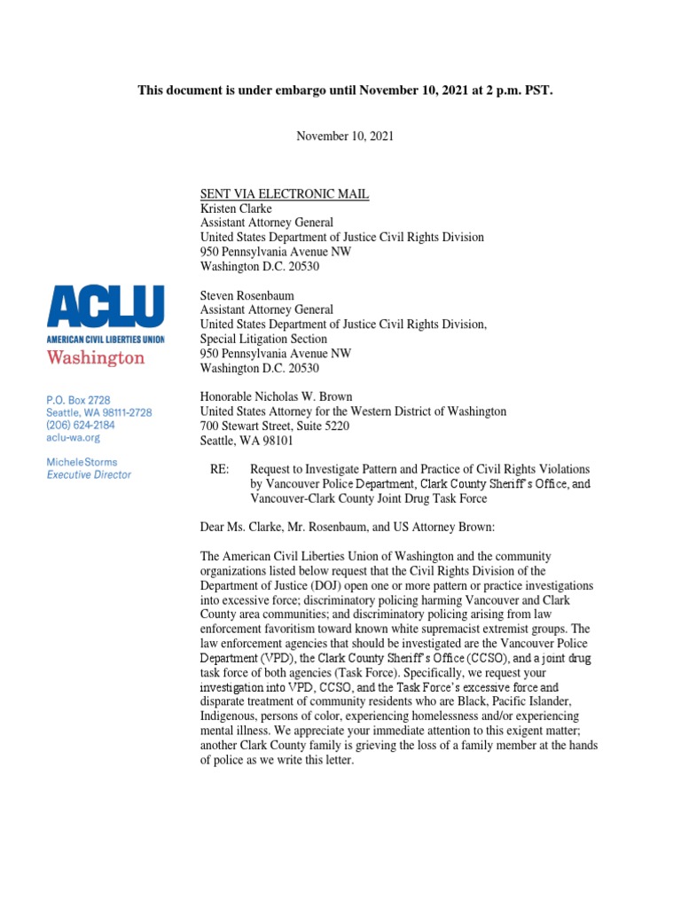 ACLU Washington Letter | PDF | Police Brutality | Hate Group