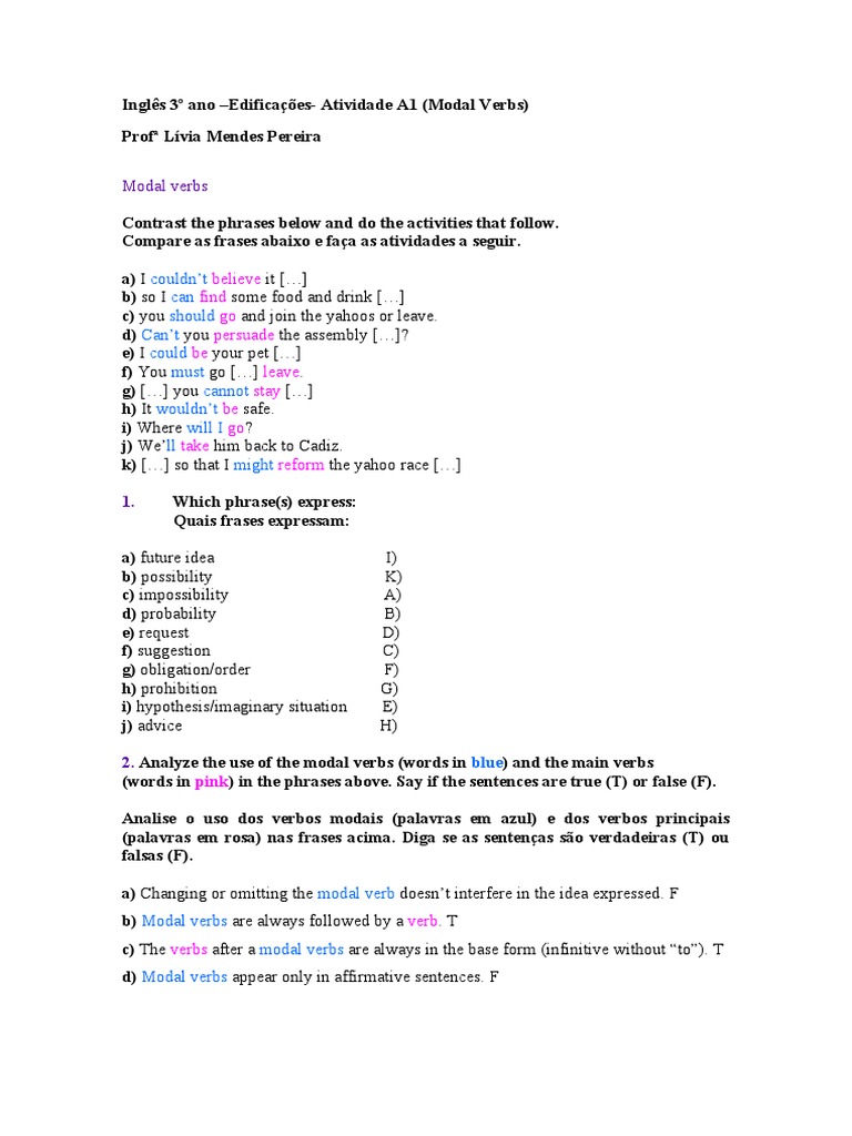Atividades sobre Verbos Modais A1 | PDF | Morphology | Linguistic Typology