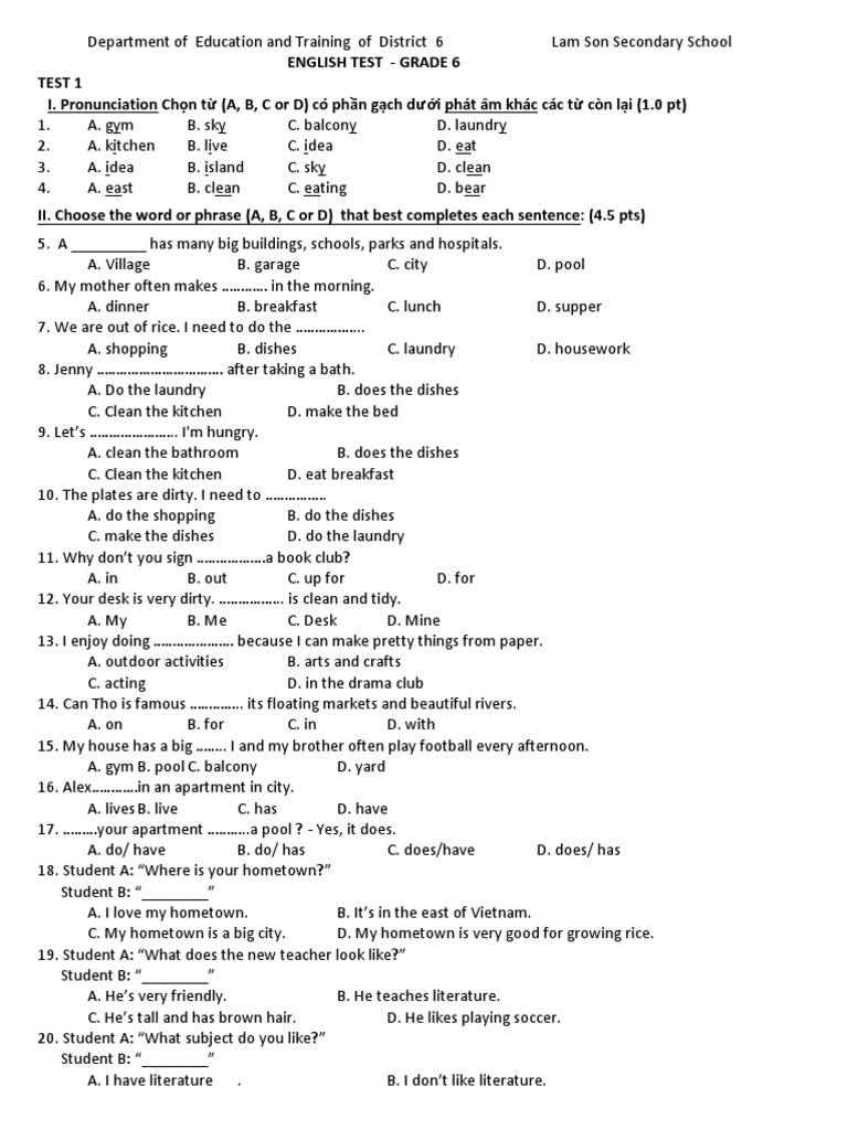 Grade 6 English Test and Answers | PDF | The Secret Garden