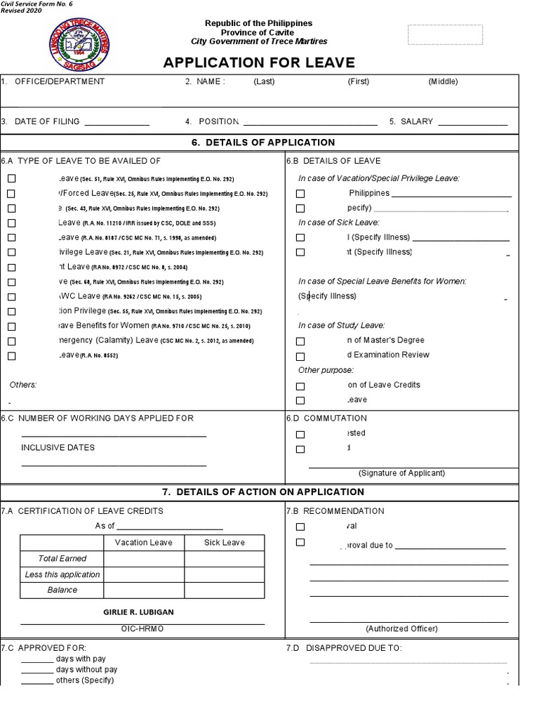 CS Form No. 6, Revised 2020 (Application For Leave) (Fillable) | PDF ...