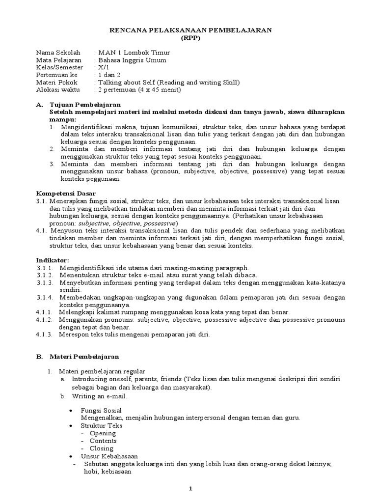 RPP Talking About Self For Reading | PDF