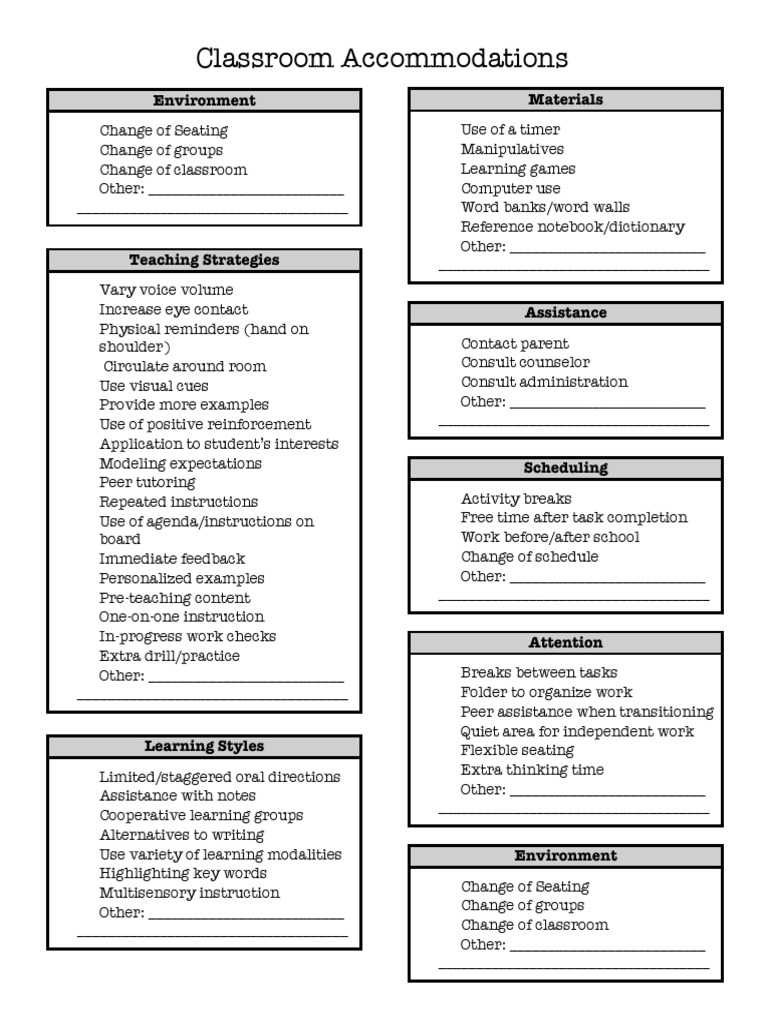 Classroom Accommodations: Environment Materials | PDF | Classroom ...