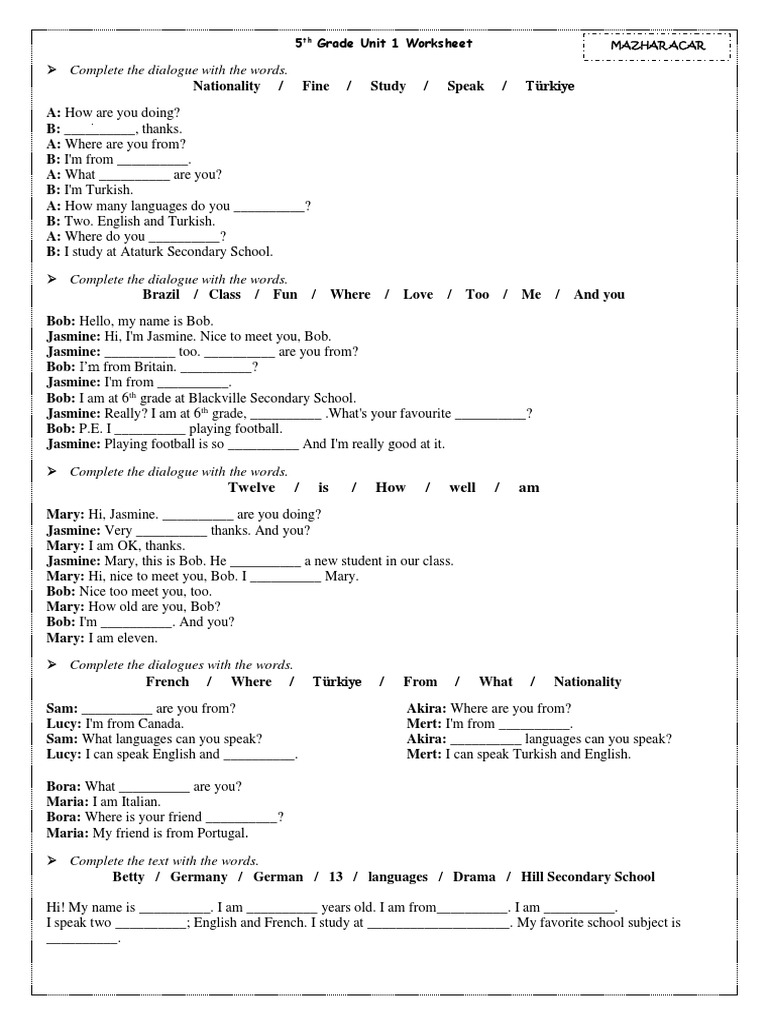5th Grade Unit 1 Worksheet 2019-2020 MZHR | PDF | English Language ...