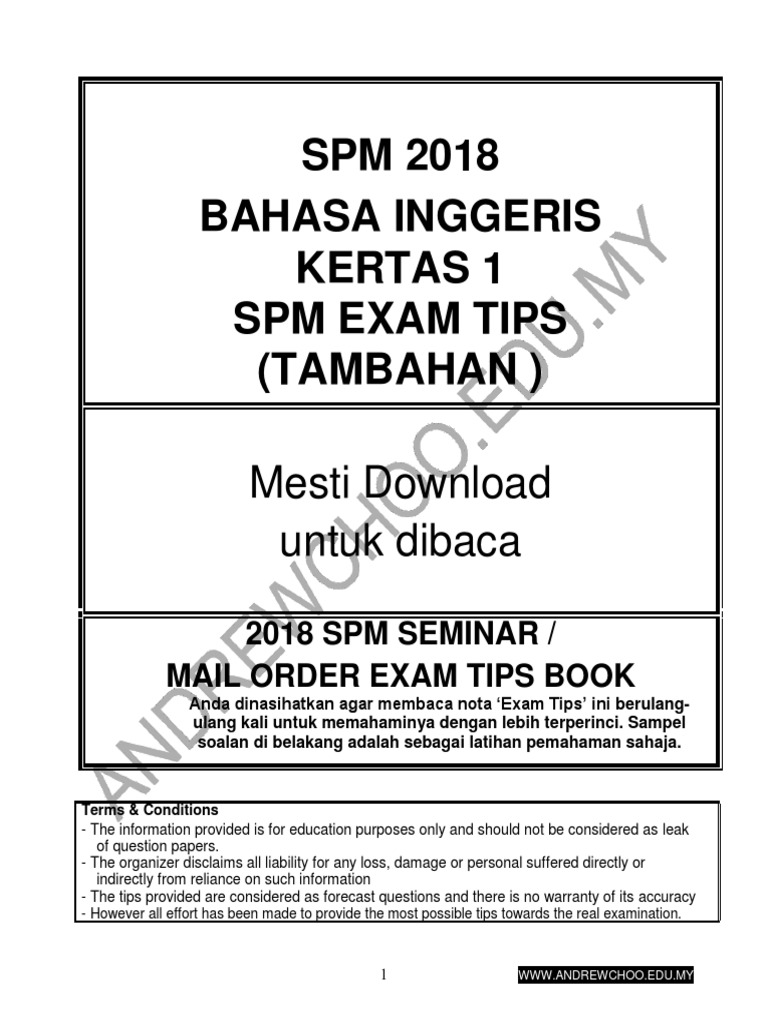 SPM 2018 Bahasa Inggeris Kertas 1 SPM Exam Tips (Tambahan) : Mesti Download Untuk Dibaca | PDF ...