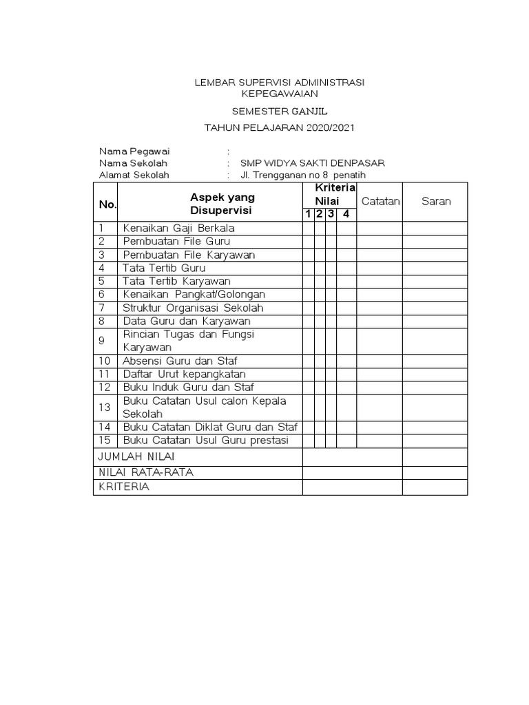 Lembar Supervisi Administrasi Kepegawaian | PDF
