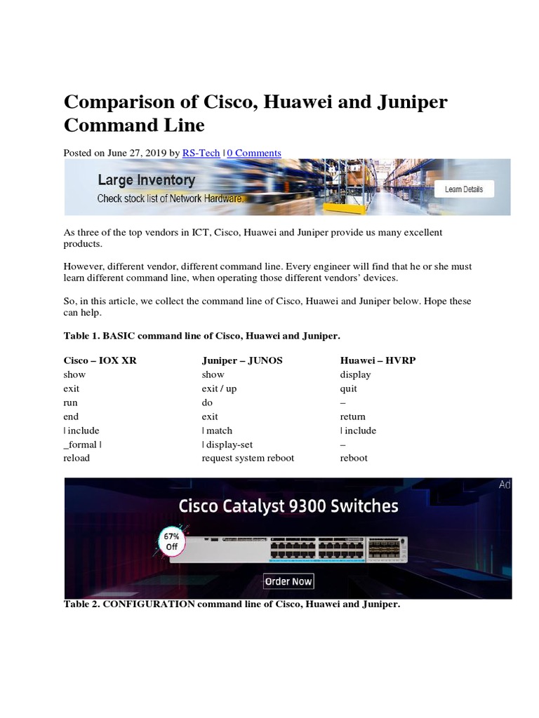 Cisco, Huawei, Juniper Command Comparison | PDF | Ip Address | Networking