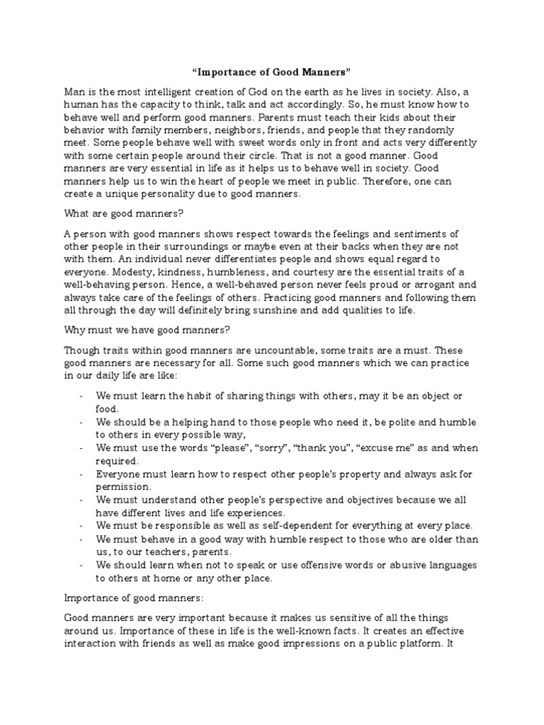Importance of Good Manners | PDF | Etiquette | Psychology