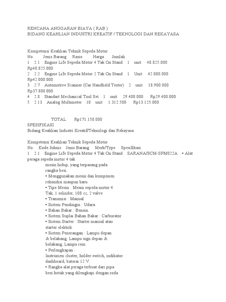 Rencana Anggaran Biaya Alat TBSM | PDF | Teknologi & Rekayasa