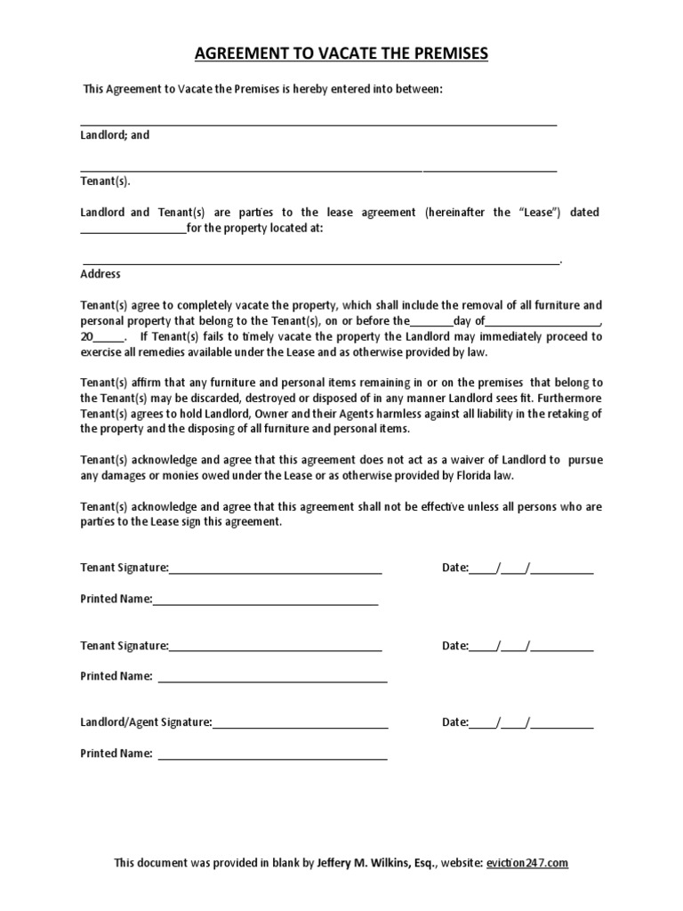 Tenant Agreement to Vacate Premises | PDF
