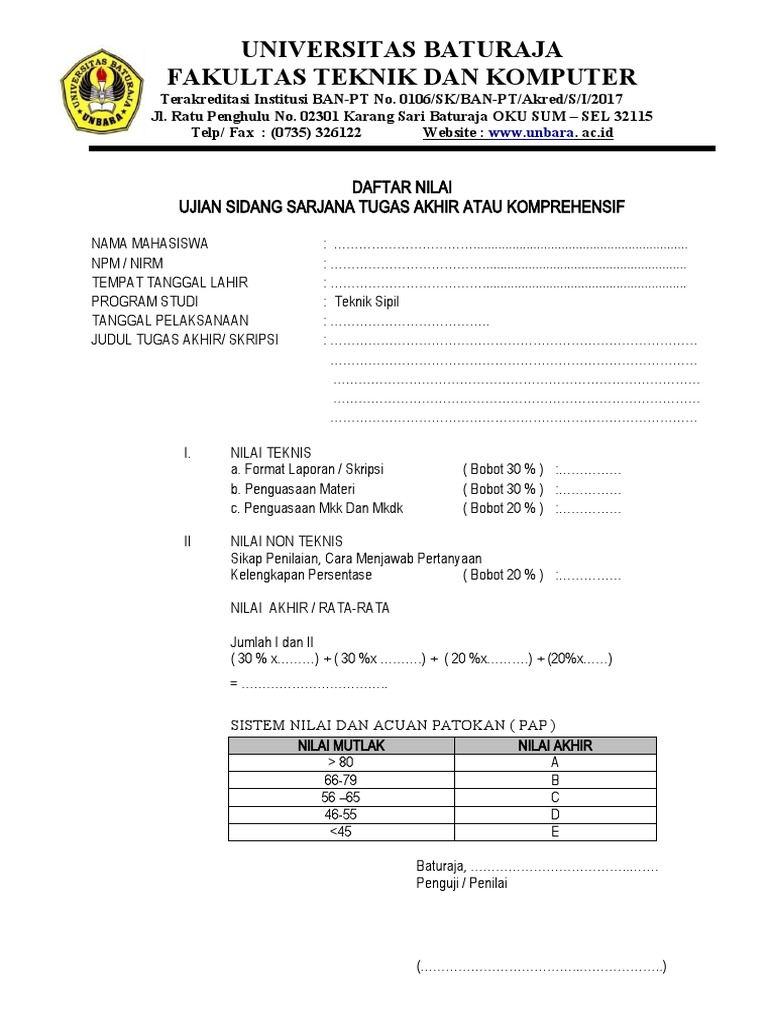 Format Nilai Kompre Dan Lembar Revisi | PDF