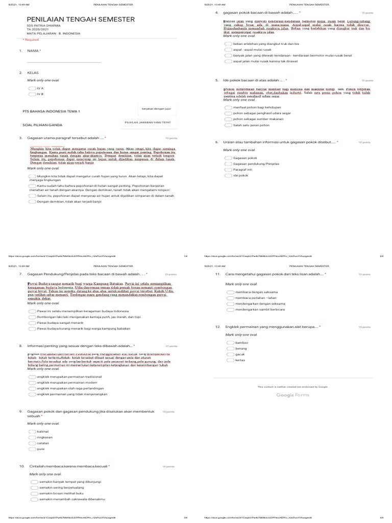 PTS BAHASA INDONESIA TEMA 1 - Google Forms | PDF
