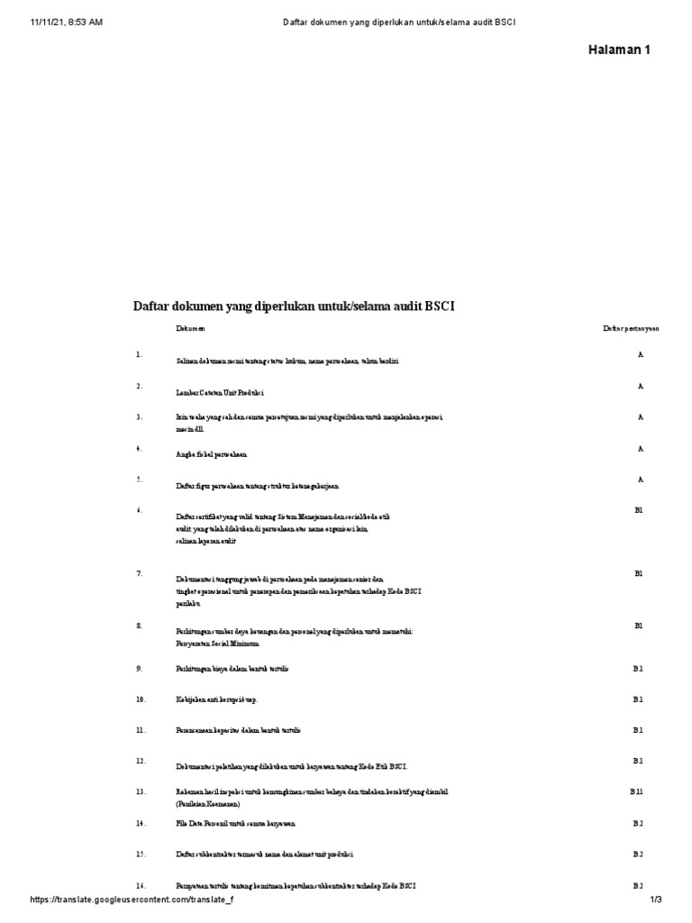 Daftar Dokumen Yang Diperlukan Untuk - Selama Audit BSCI | PDF