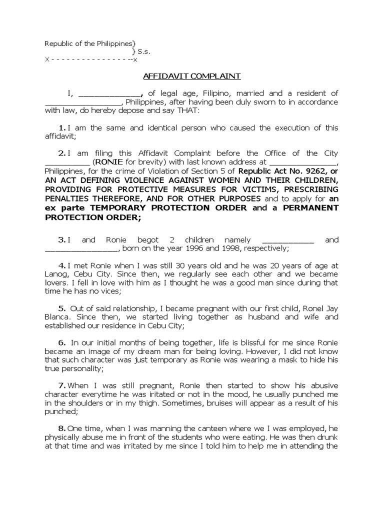 Affidavit Complaint-VAWC | PDF | Domestic Violence | Pain Affidavit Complaint-VAWC | PDF | Domestic Violence | Pain