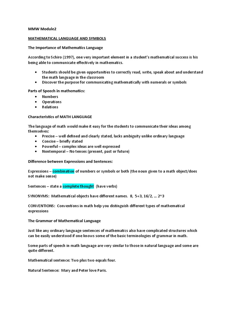 MMW Module2 Mathematical Language and Symbols The Importance of Mathematics Language | PDF | If ...