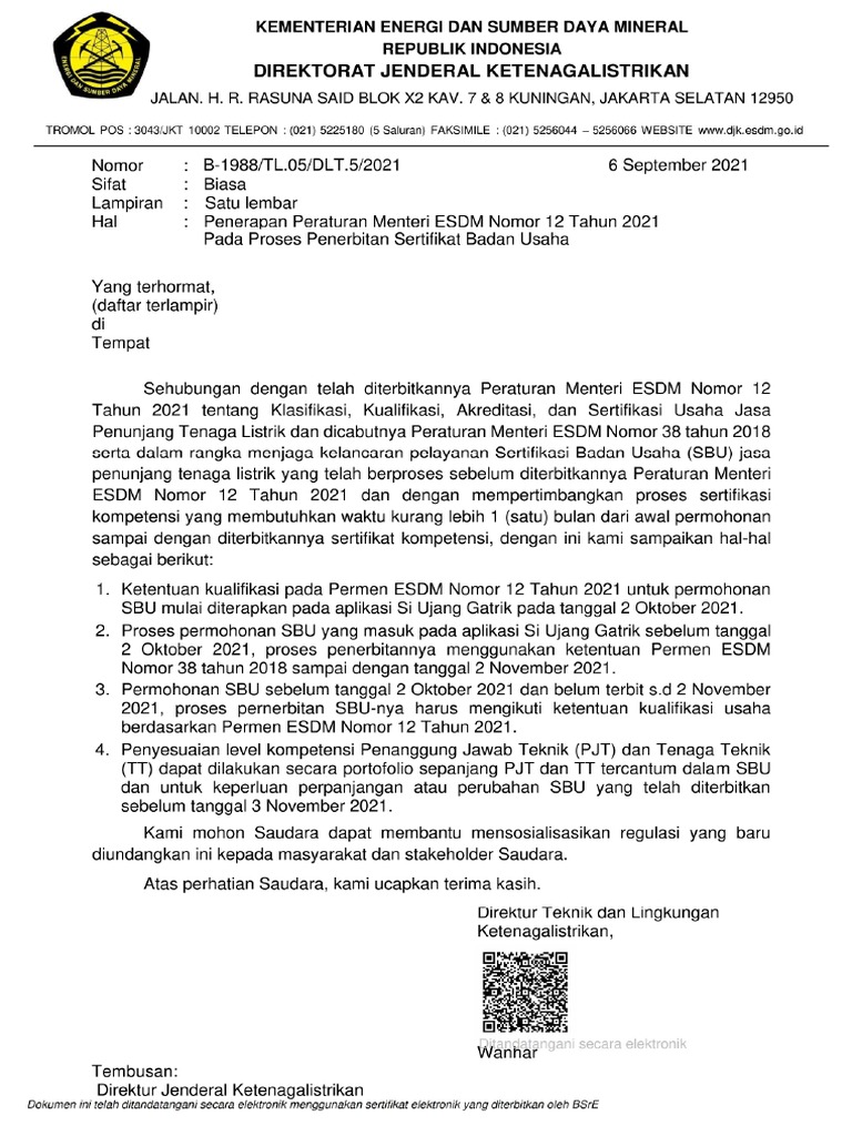 Surat Edaran Penerapan Permen ESDM 12 Tahun 2021 Pada Penerbitan SBU | PDF Surat Edaran Penerapan Permen ESDM 12 Tahun 2021 Pada Penerbitan SBU | PDF