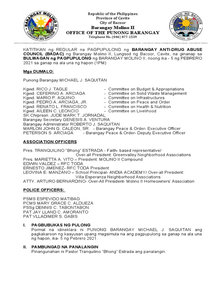 BADAC Minutes of The Meeting 2021 | PDF | Philippines | Social Aspects ...