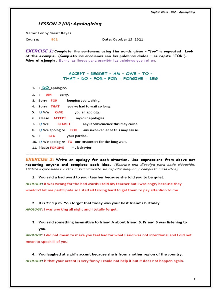 Exercise 1:: LESSON 2 (III) : Apologizing | PDF
