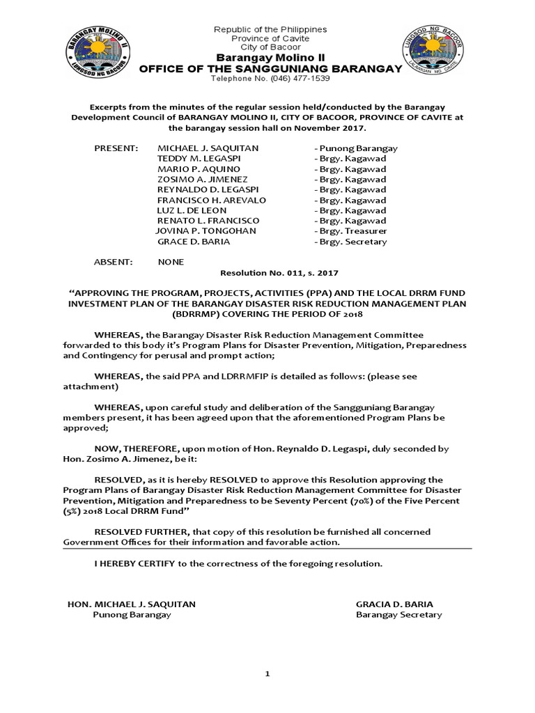 Resolution On BDRRM 2018 | PDF | Justice | Crime & Violence