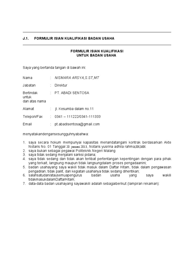 Formulir Isian Kualifikasi Badan Usaha | PDF