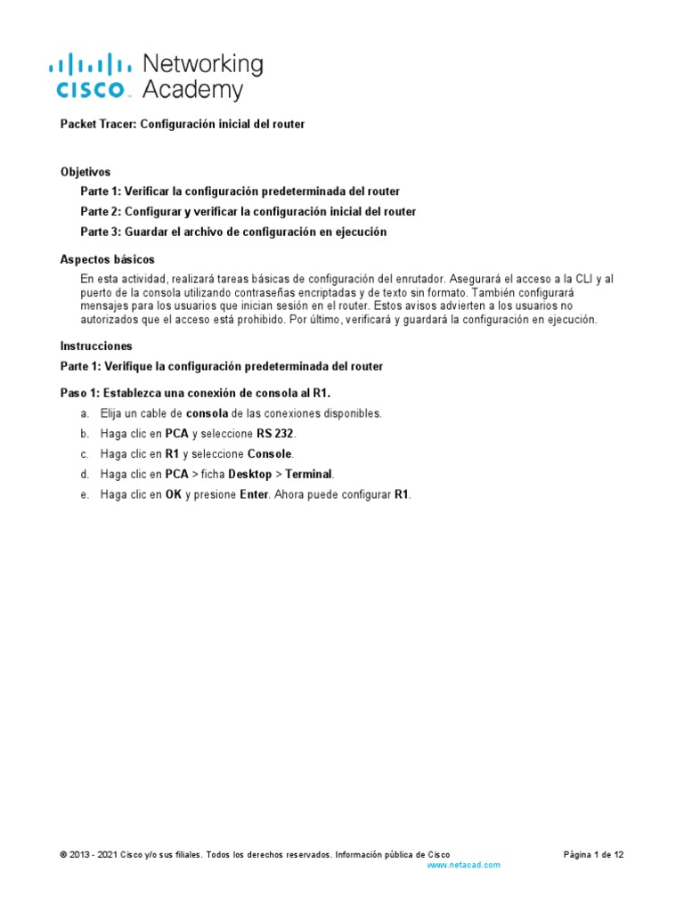 10 1 4 Packet Tracer Configure Initial Router Settings Descargar Gratis Pdf Contraseña