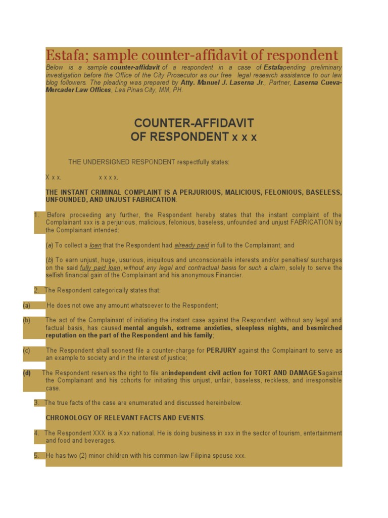 Estafa Sample Counter Affidavit With Legal Arguments | PDF | Fraud ...