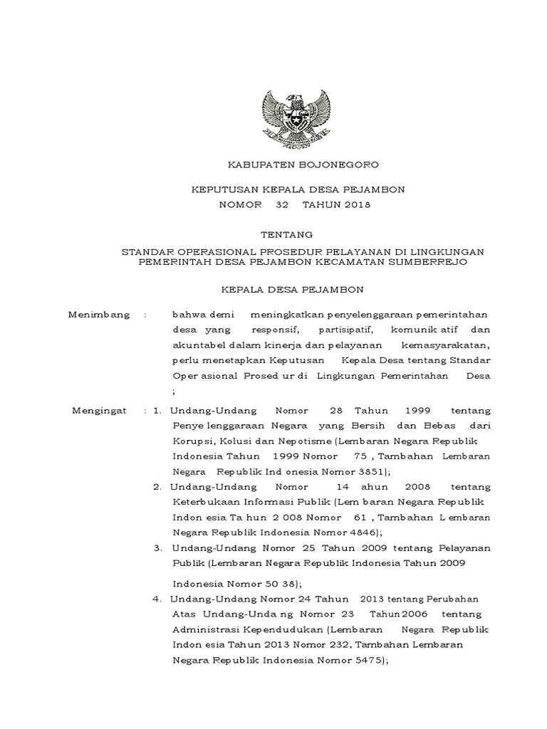 SK SOP Pelayanan Desa Pejambon | PDF