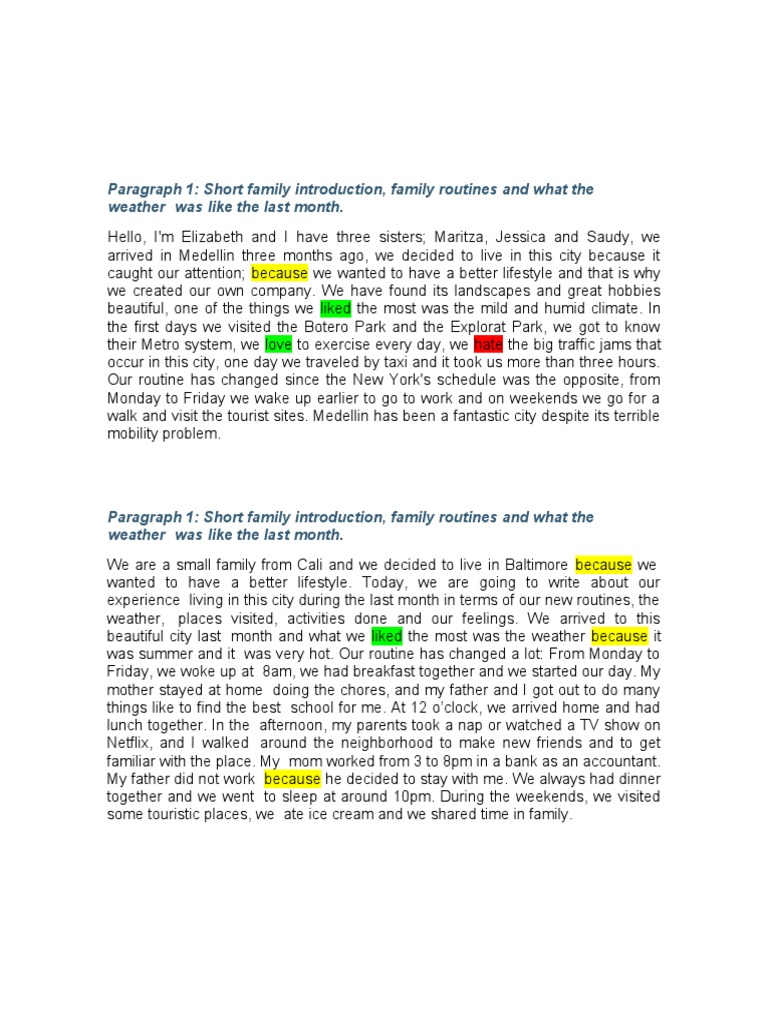 Paragraph 1: Short Family Introduction, Family Routines and What The ...