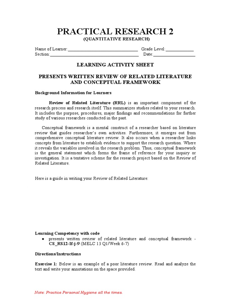 Practical Research 2: Learning Activity Sheet Presents Written Review ...