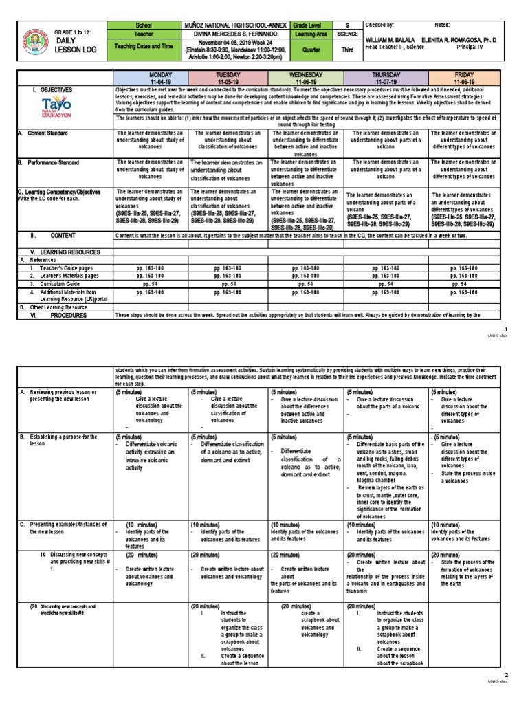 Grade 1 To 12 Daily Lesson Log School Mu | Download Free PDF | Volcano ...