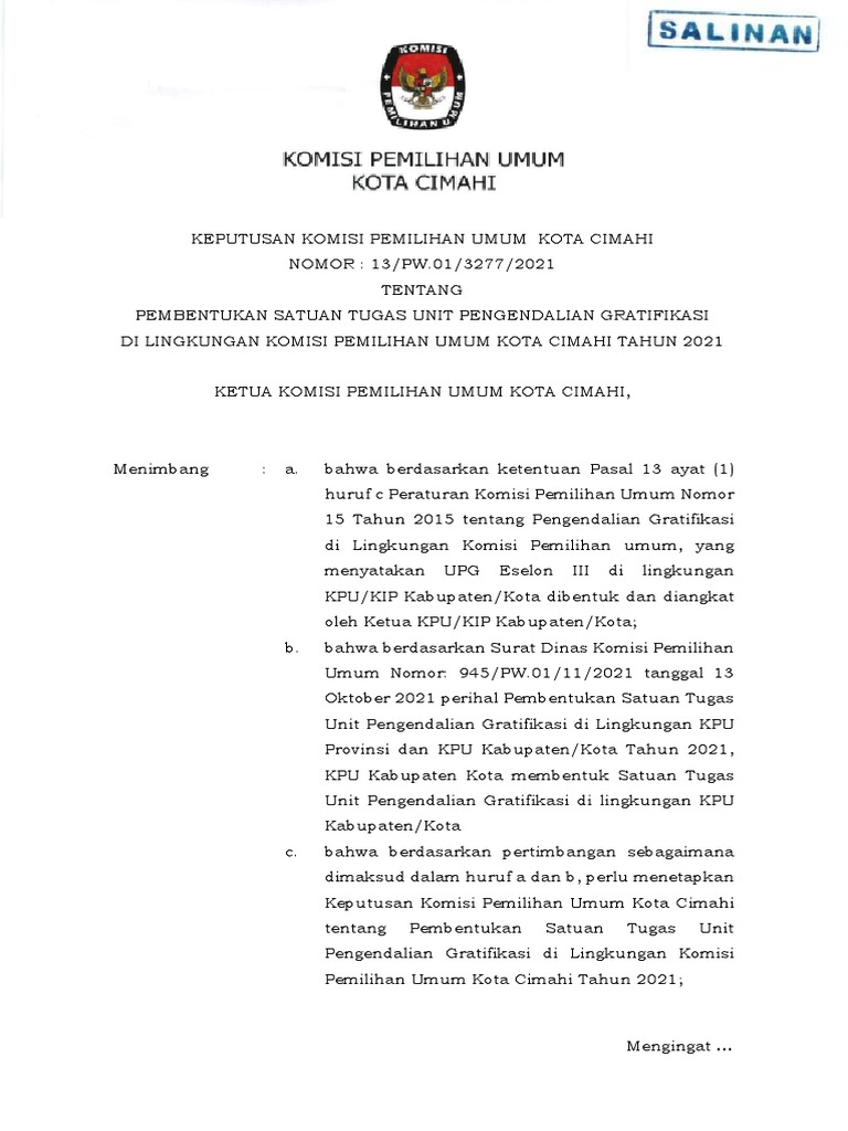 SK Penetapan Satgas Pengendalian Gratifikasi KPU Kota Cimahi | PDF | Pengelolaan Keuangan & Uang ...