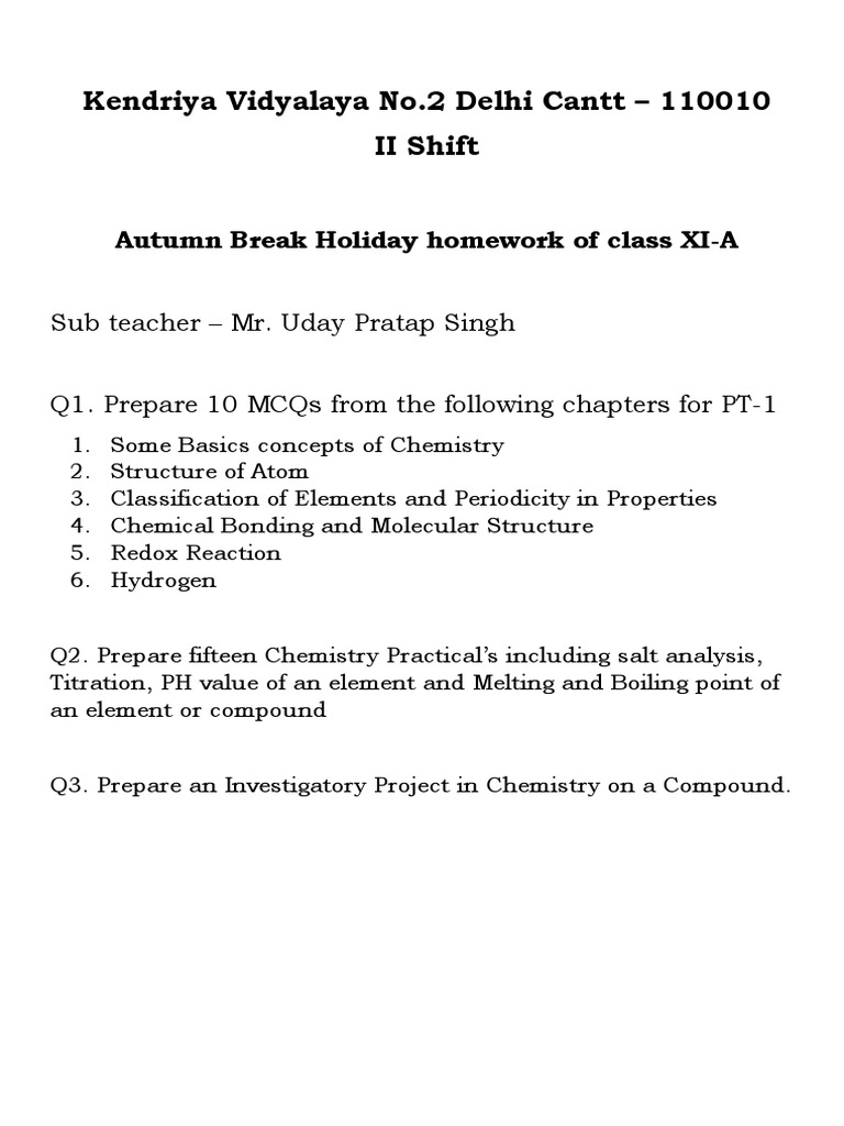 Autumn Break Holiday Homework of Class 11-A | PDF