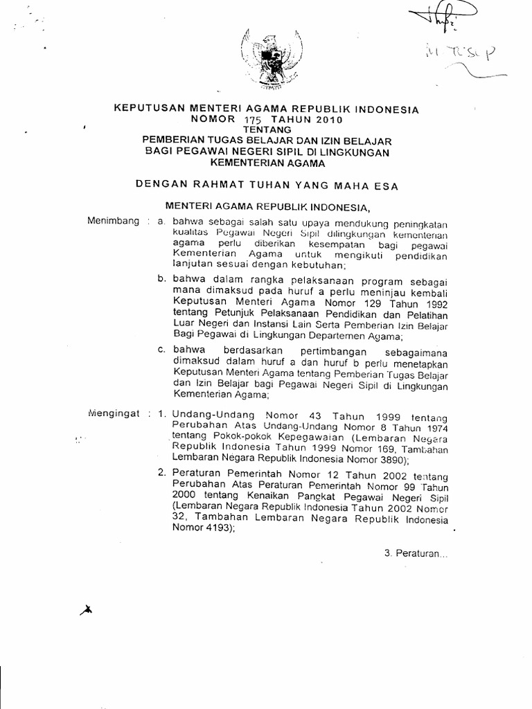 Kma No.175 Tahun 2010 Tetang Pemberian Tugas Belajar Dan Izin Belajar Bagi PNS Di Lingkungan ...