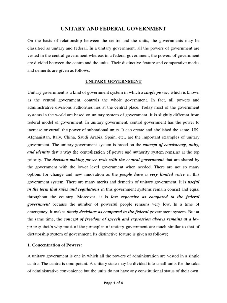 Unitary and Federal Government | PDF | Federal Government Of The United ...