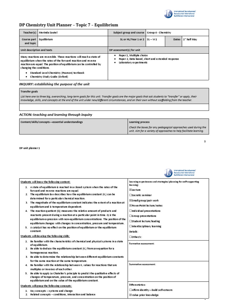DP Chemistry Equilibrium Unit Planner | PDF | Chemical Equilibrium ...