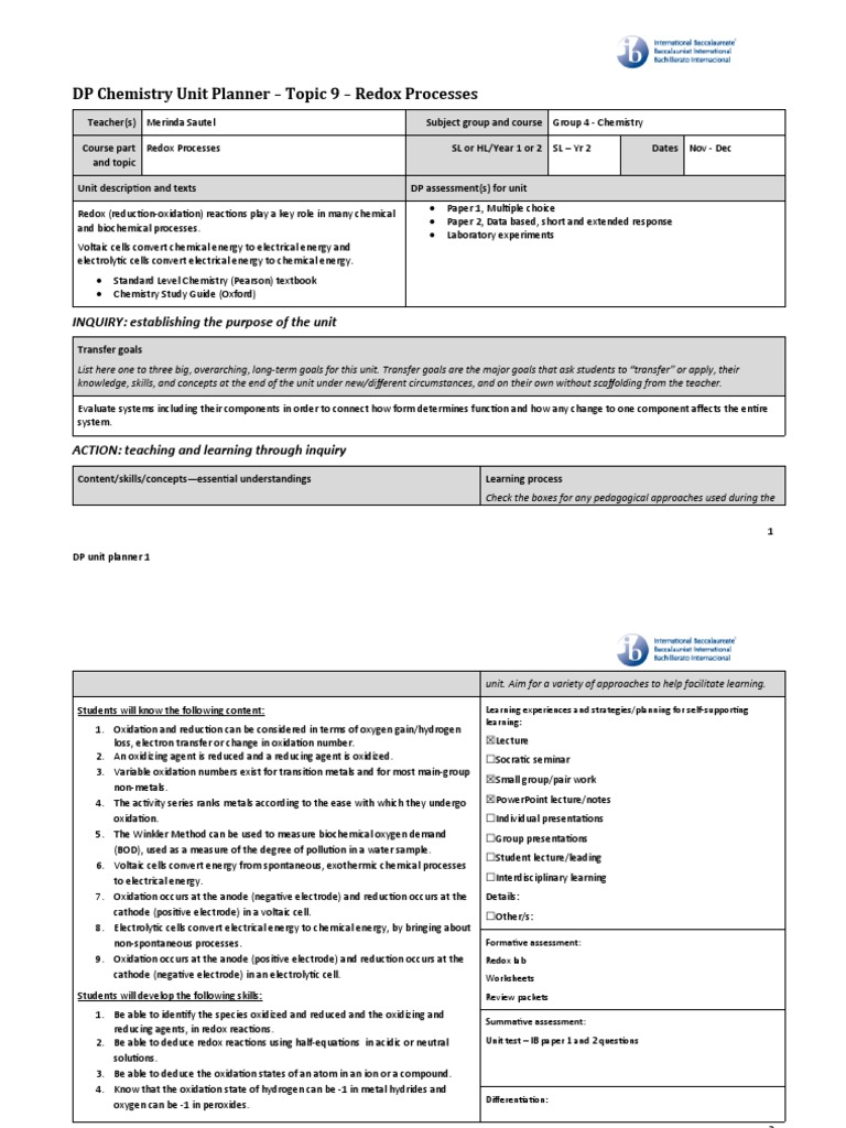 DP Chem Unit 9 Redox Processes | PDF | Redox | Physical Chemistry