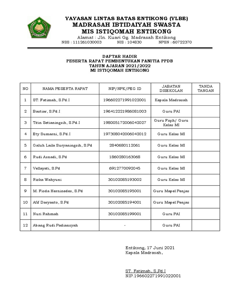 Daftar Hadir Rapat PPDB 2021-2022 | PDF