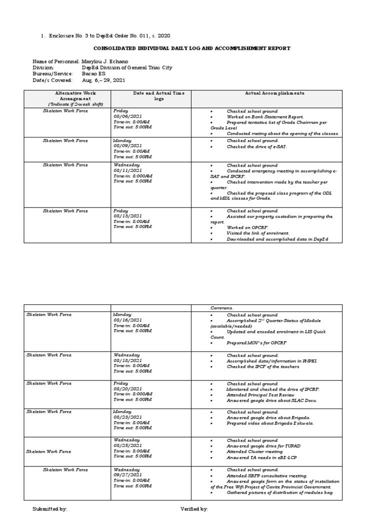Consolidated Individual Daily Log and Accomplishment Report: 1 ...