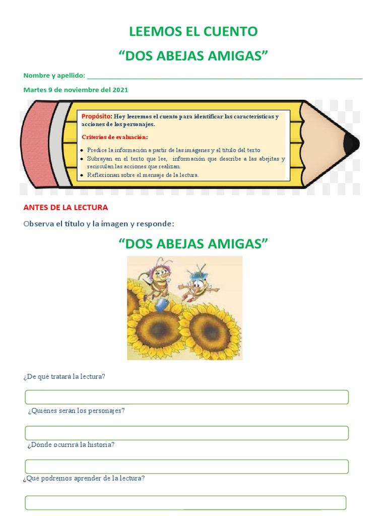 ACTIVIDAD - Lectura Dos Abejas Amigas | PDF