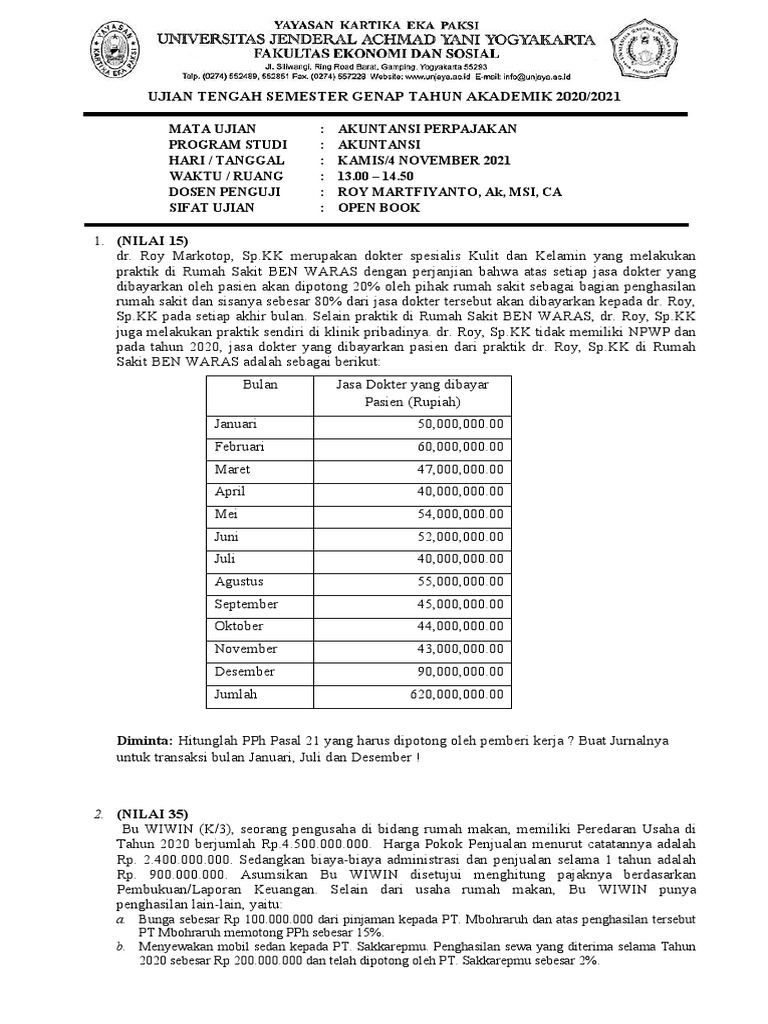 2-Akt Pajak Soal-Uts Sem 7 2021-2022 | PDF | Pengelolaan Keuangan & Uang